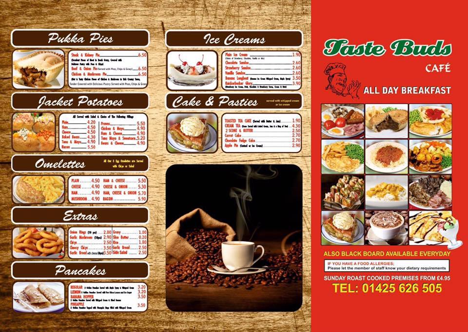 Menu at Taste Buds Cafe, New Milton
