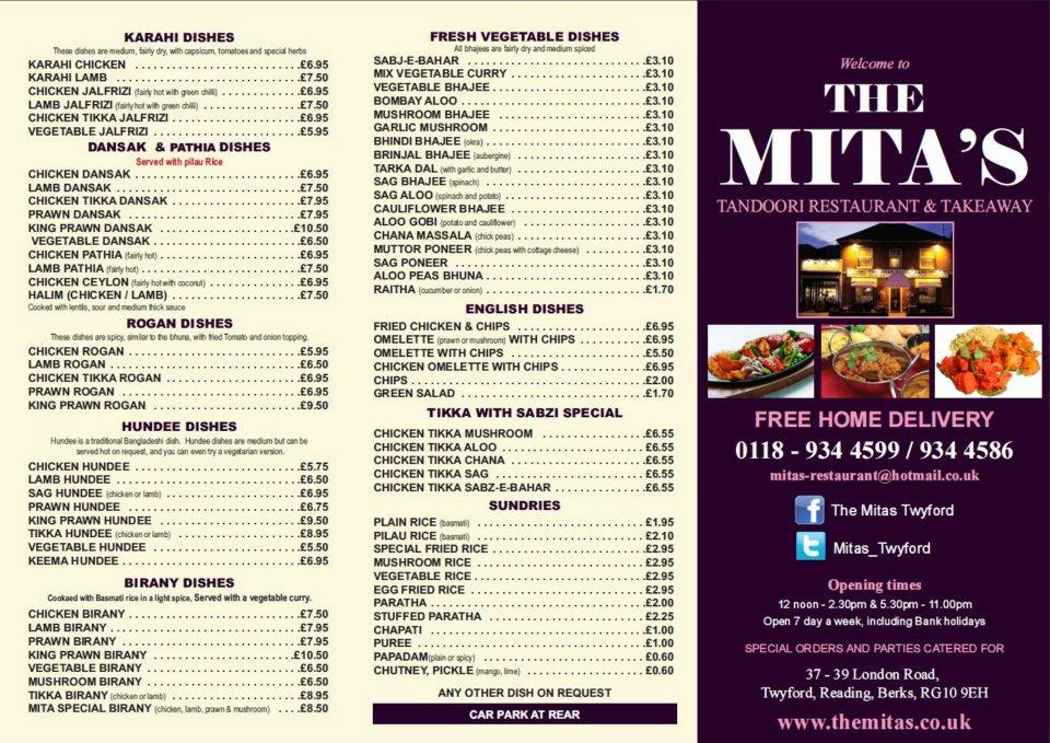 Menu at The Mita's restaurant, Earley