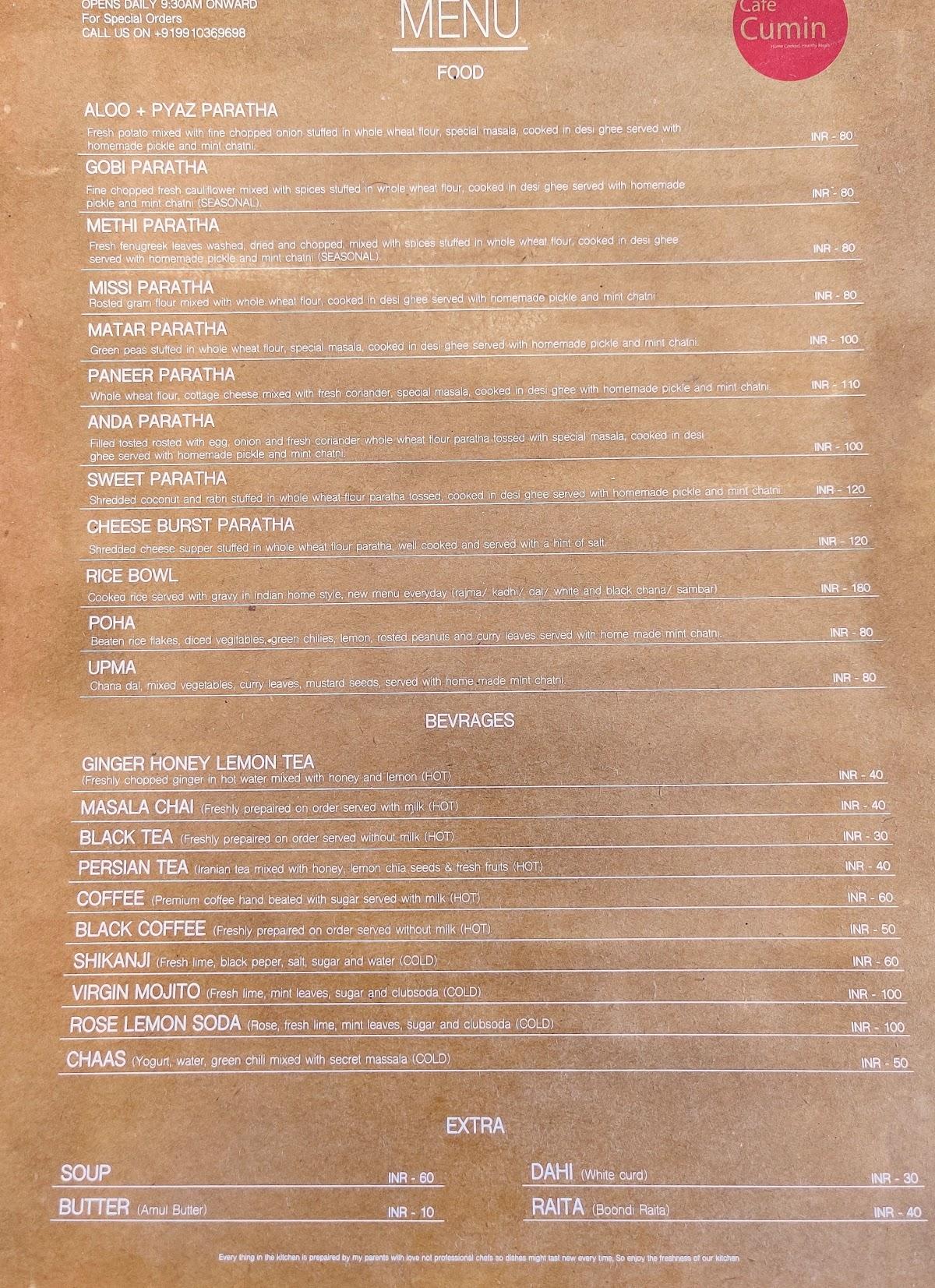 Menu at Cafe Cumin : Best Paranthas and homely food in and around ...