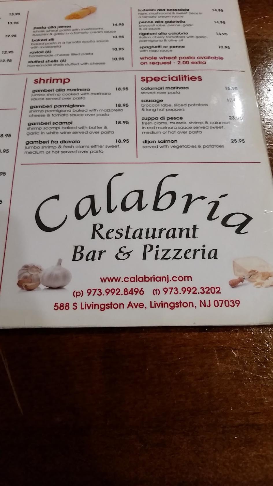 Menu at Calabria Pizzeria & Restaurant, Livingston