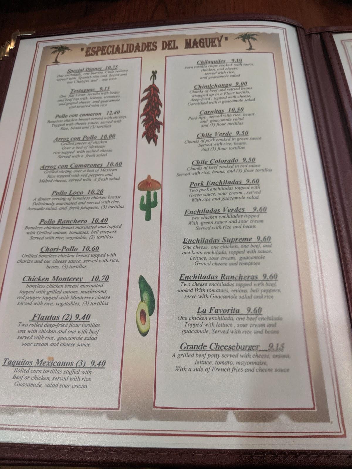 Menu at El Maguey restaurant, Winfield, Quail Ridge Dr