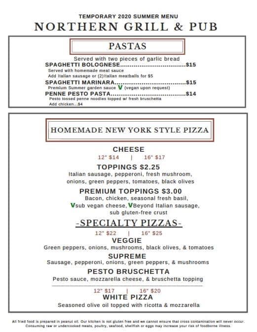Menu at Northern Grill & Pub, Sister Bay