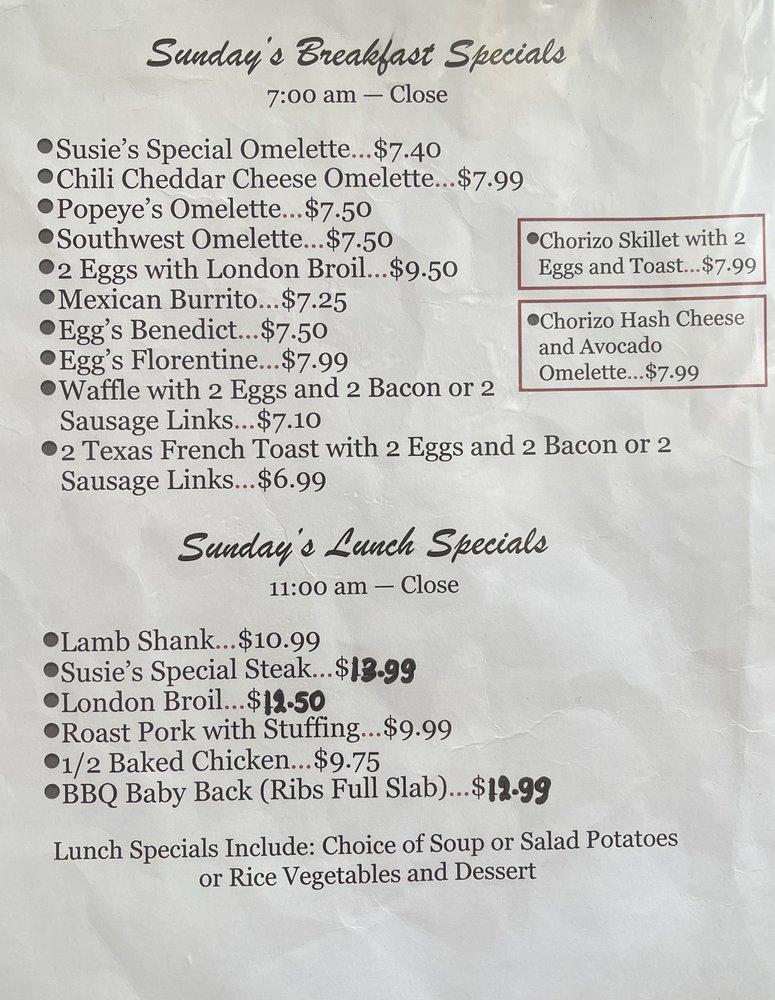 Menu at Susie's Too Family restaurant, New Port Richey