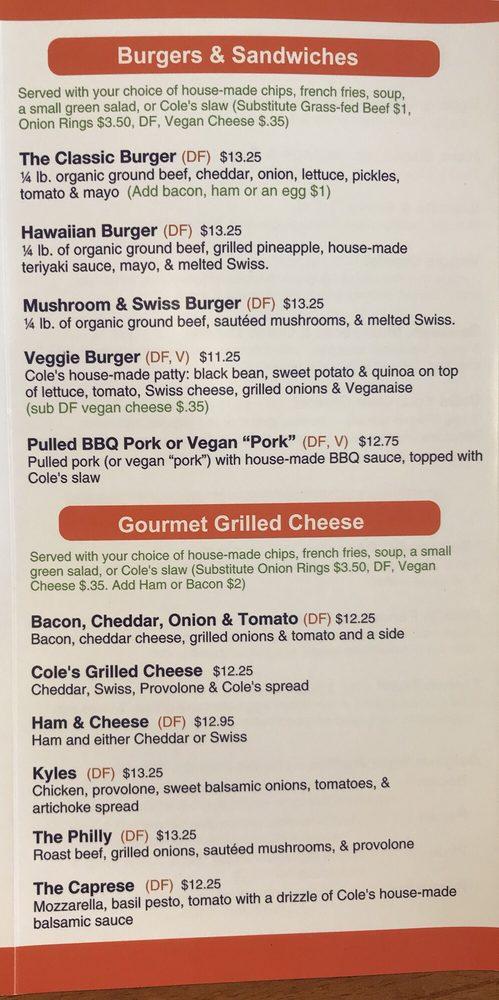 Menu at Cole's Bakery & Cafe, Spokane