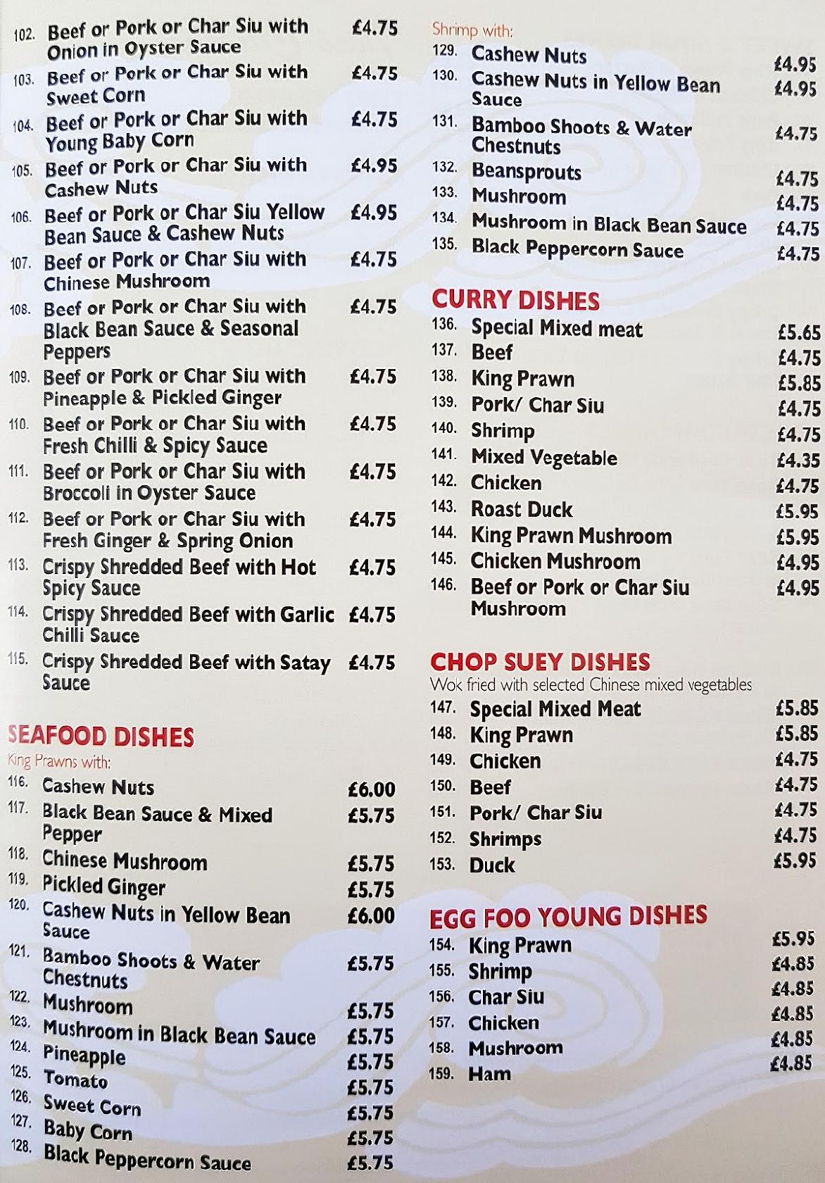 Menu at Dynasty, Broxburn