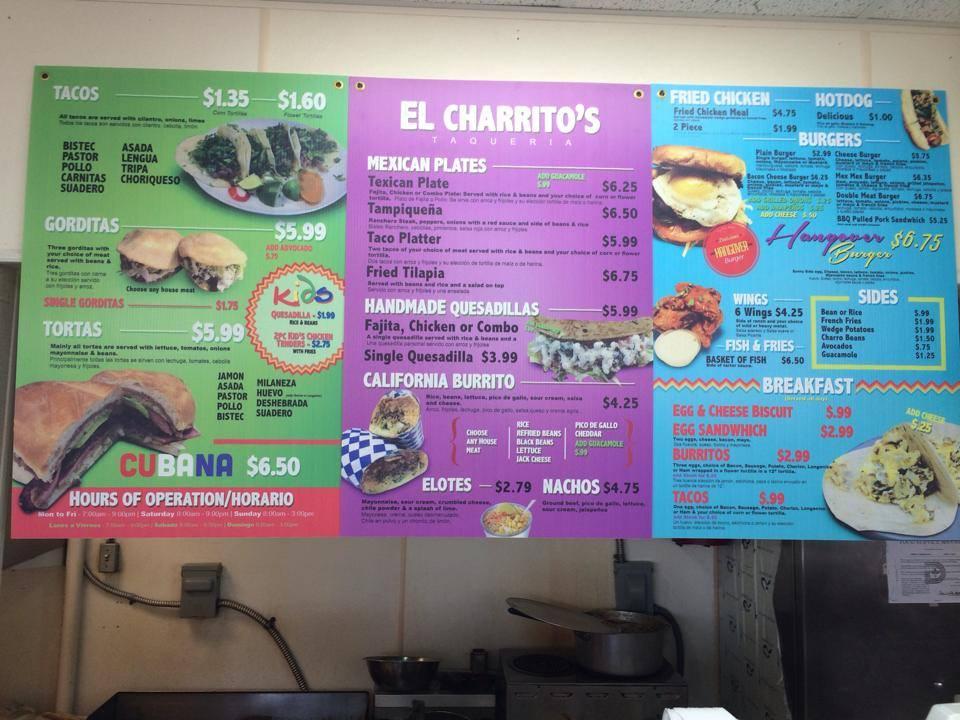 Menu at El charrito’s Taqueria restaurant, Dallas