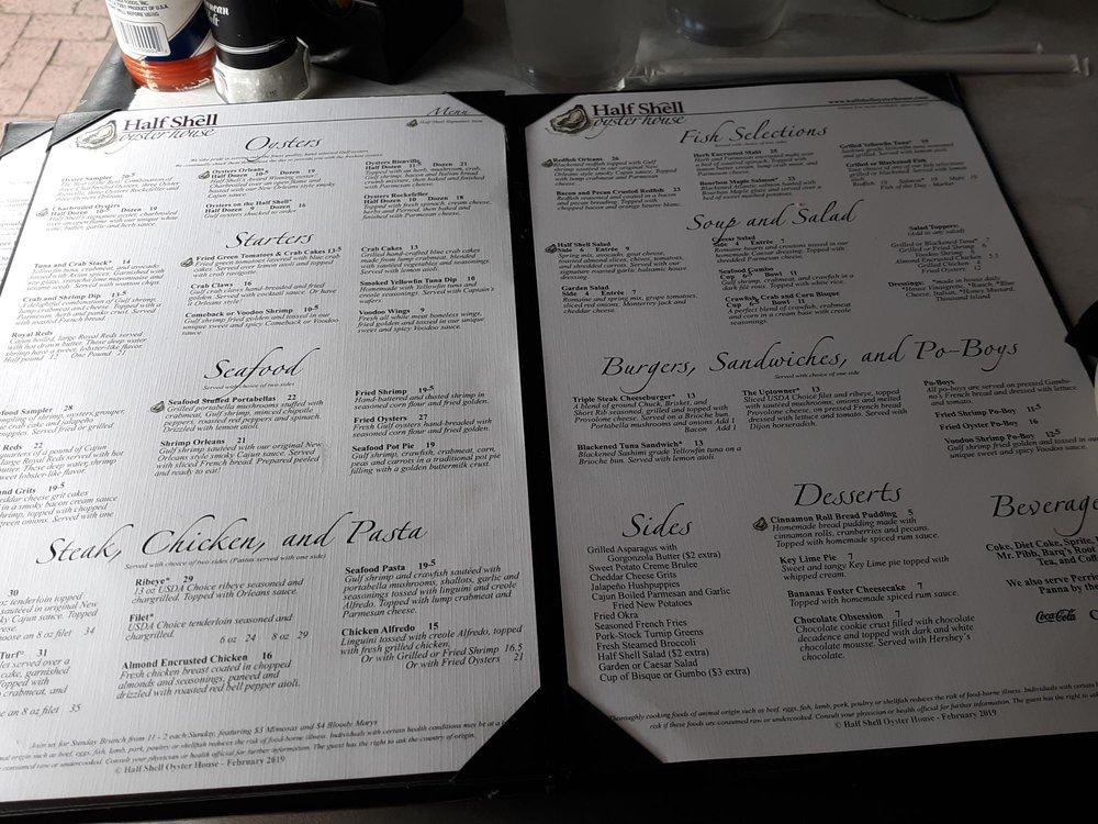 Menu at Half Shell Oyster House restaurant, Tuscaloosa