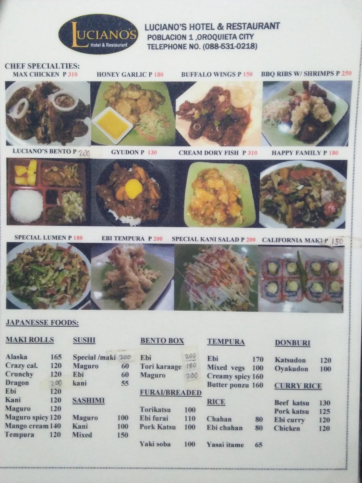 Menu at Luciano's Hotel & Restaurant, Oroquieta City