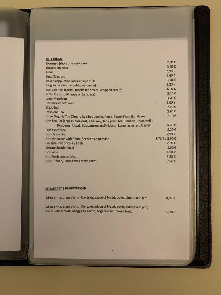 Menu au Mokafé Taverne, Bruxelles, Galerie du Roi 9