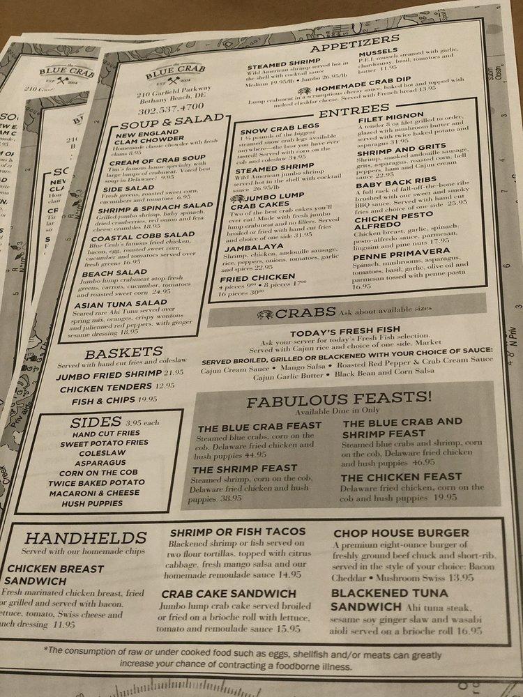 Menu at The Blue Crab restaurant, Bethany Beach