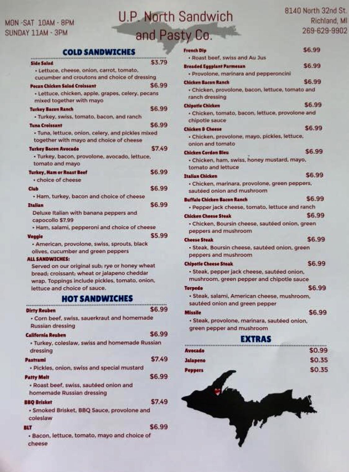 Menu at Up North Sandwich & Pasty Co restaurant, Richland