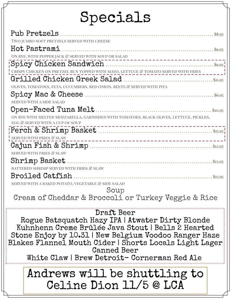 Menu at Andrews on the Corner pub & bar, Detroit, 201 Joseph Campau Ave