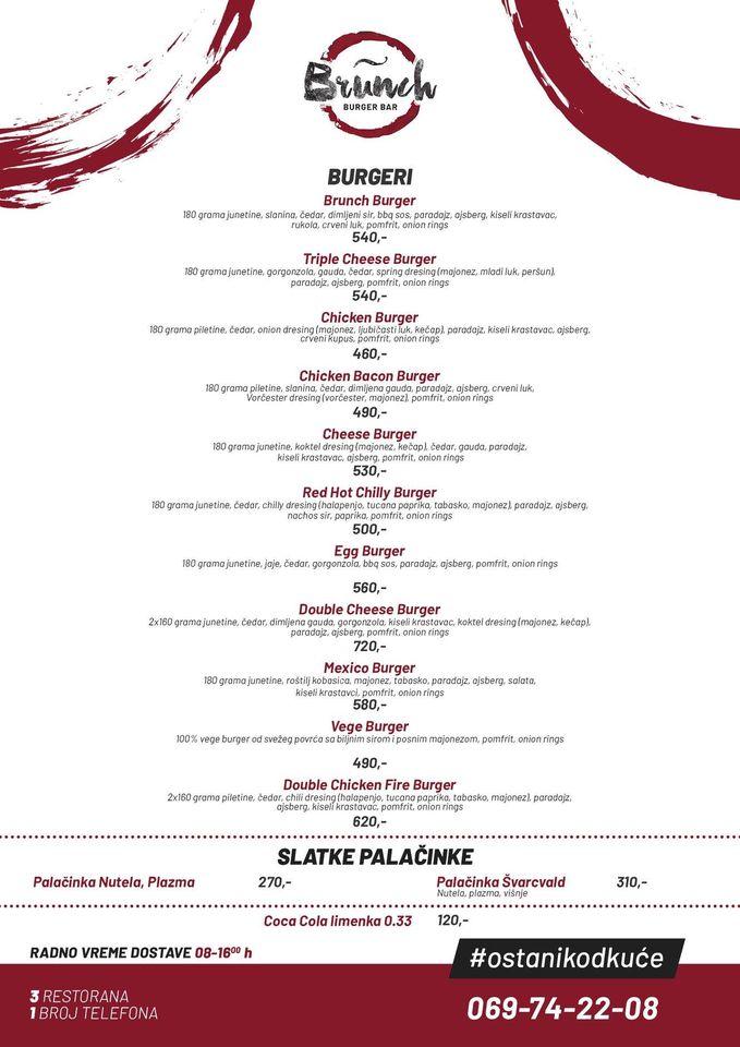 Menu at Brunch restaurant, Novi Sad, Bulevar oslobođenja 102