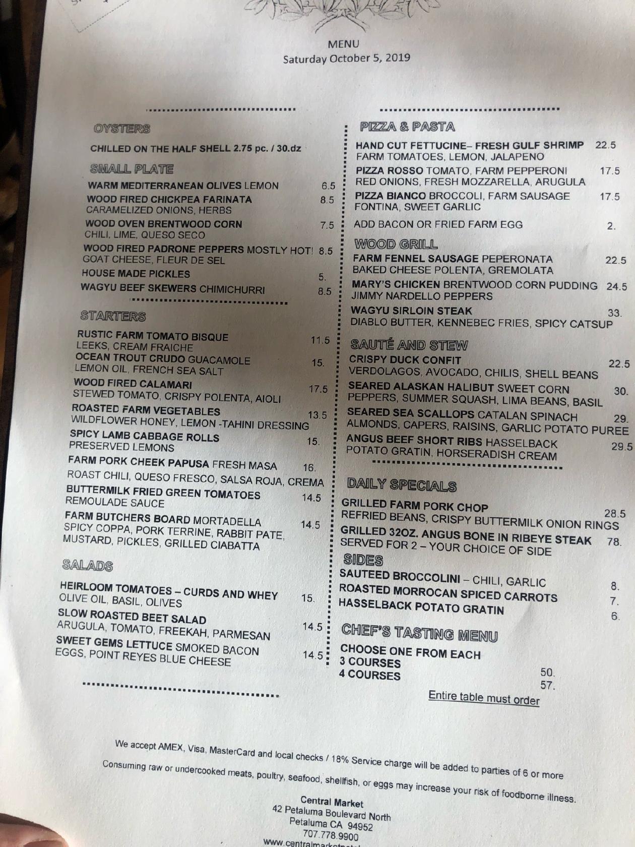 Menu at Central Market pub & bar, Petaluma