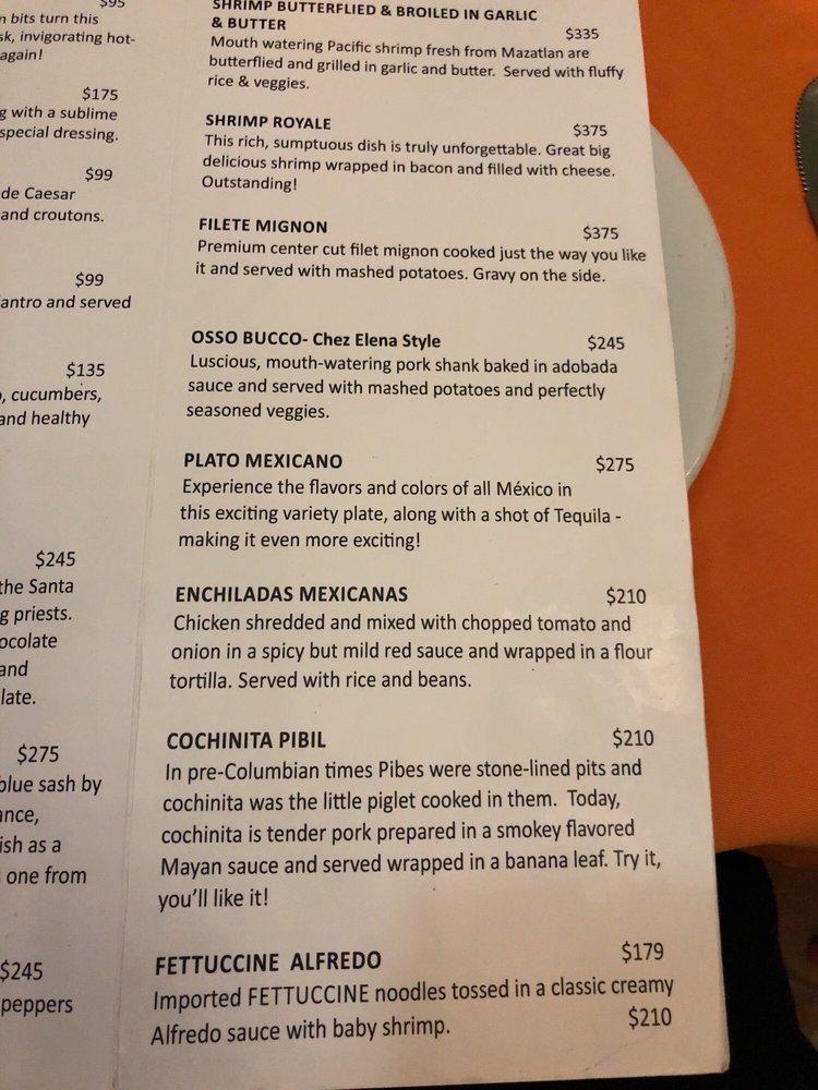 Menu at Chez Elena Restaurant, Puerto Vallarta
