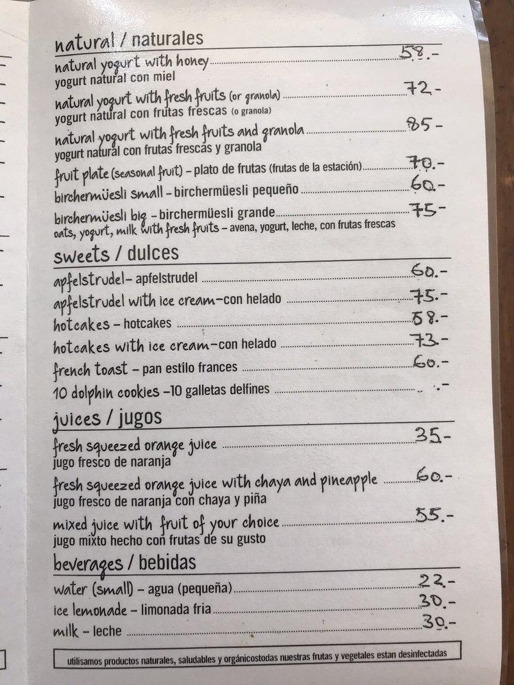 Menu at Elements of the Island cafe, Isla Mujeres