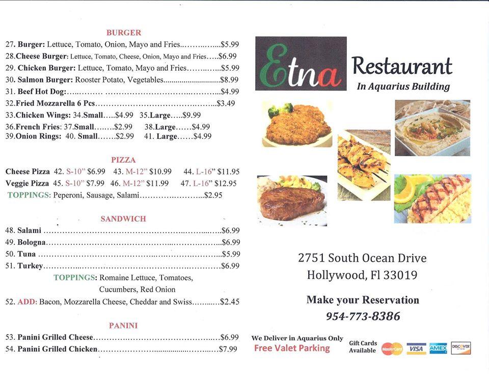 Menu at Etna Restaurant, Hollywood