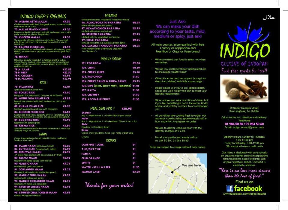 Menu at Indigo Ireland restaurant, Dublin, 62 Upper Georges St Dun Laoire