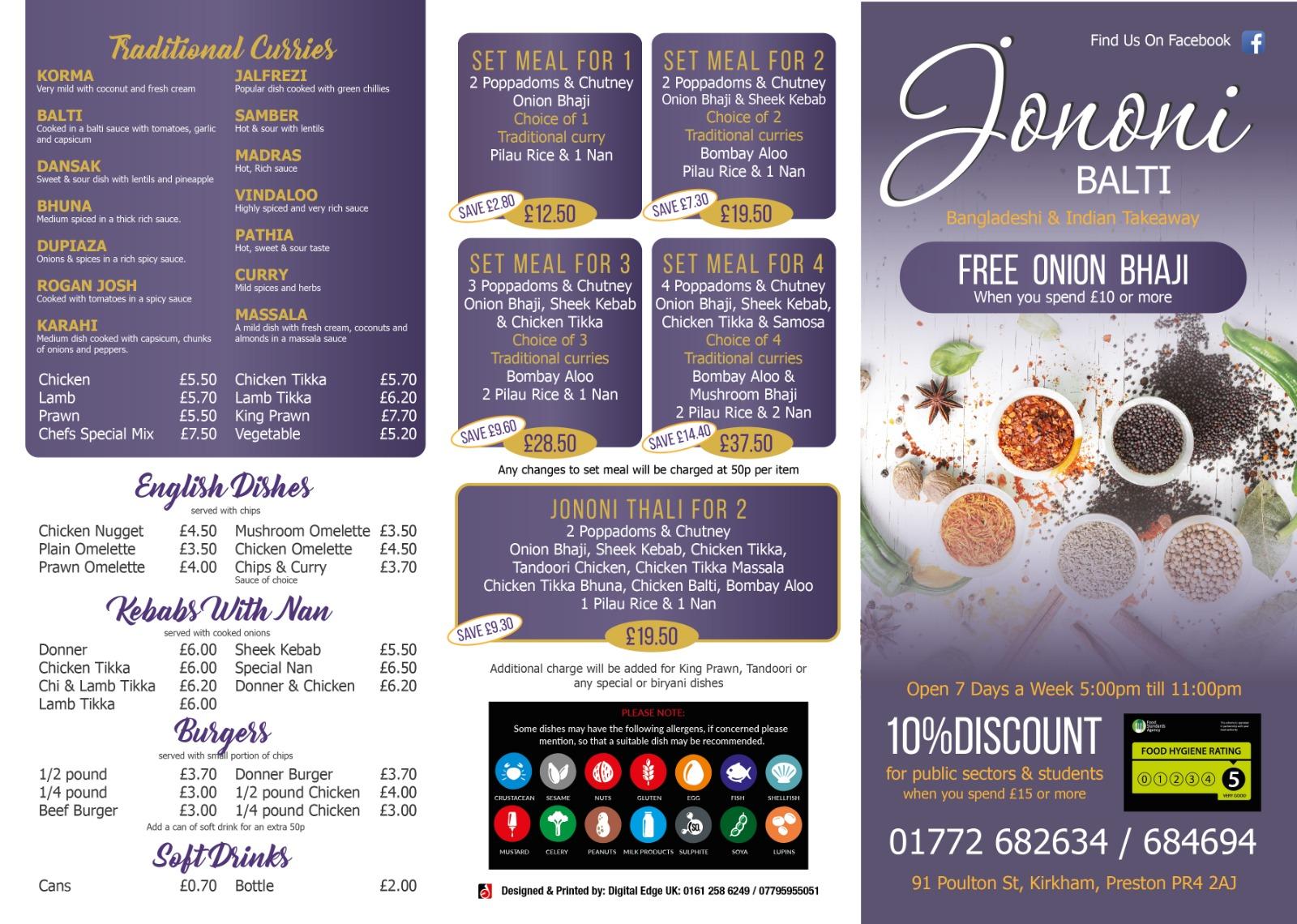 Menu at Jononi balti fast food, Freckleton