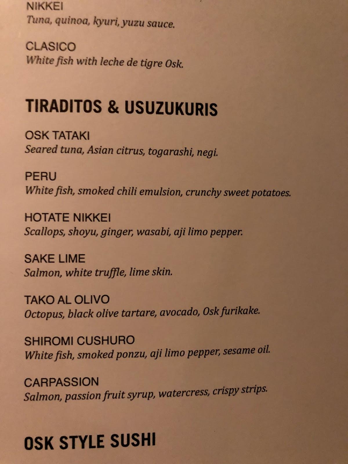 Menu at Osaka restaurant, San Isidro, Felipe