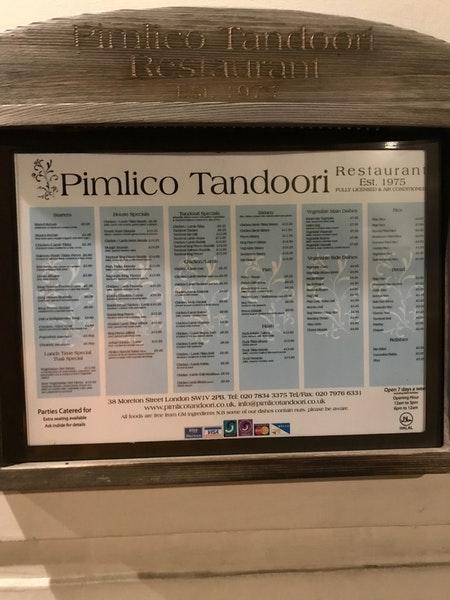 Menu at Pimlico Tandoori Indian Restaurant, London
