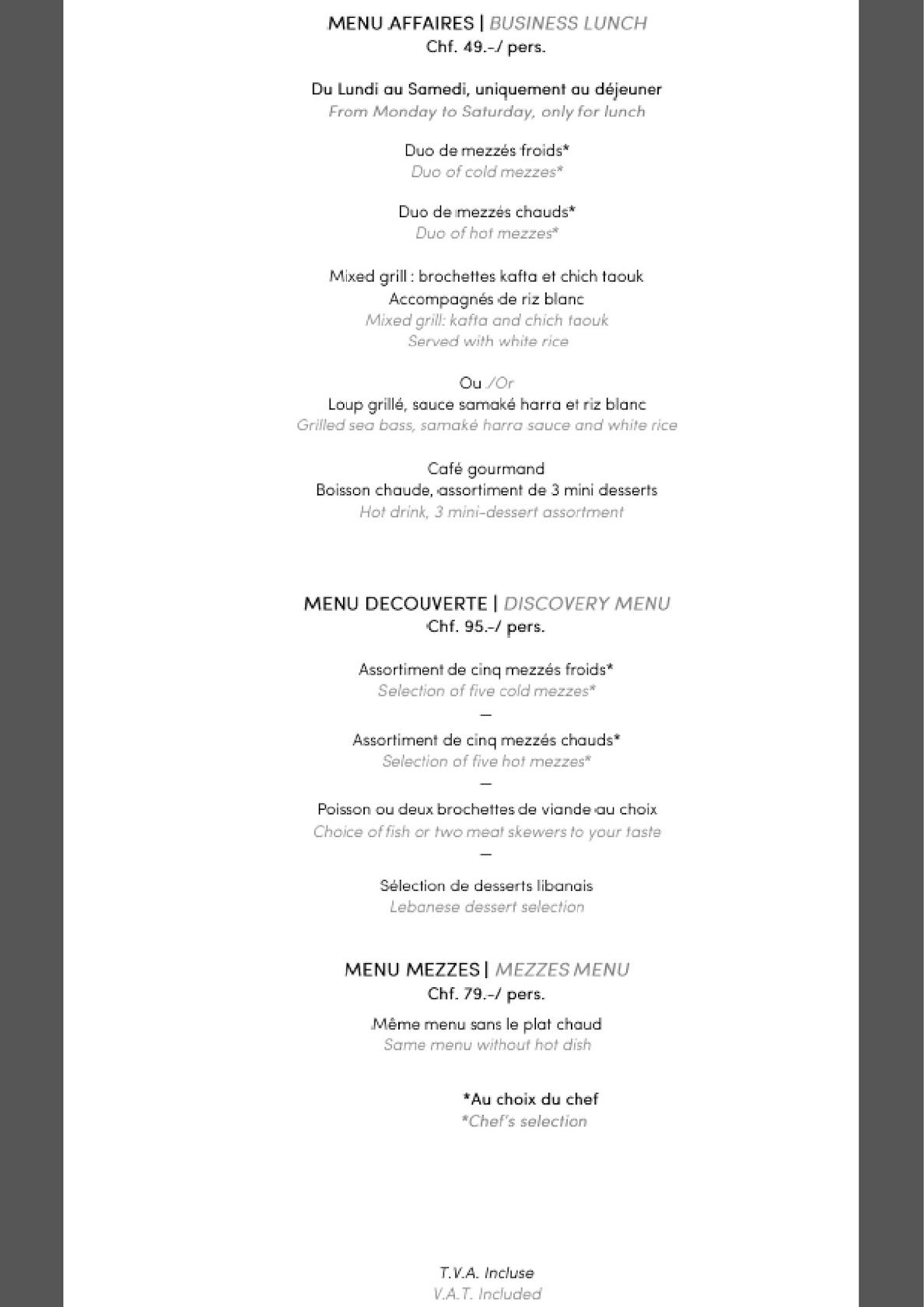 Menu da Restaurant Arabesque, Ginevra