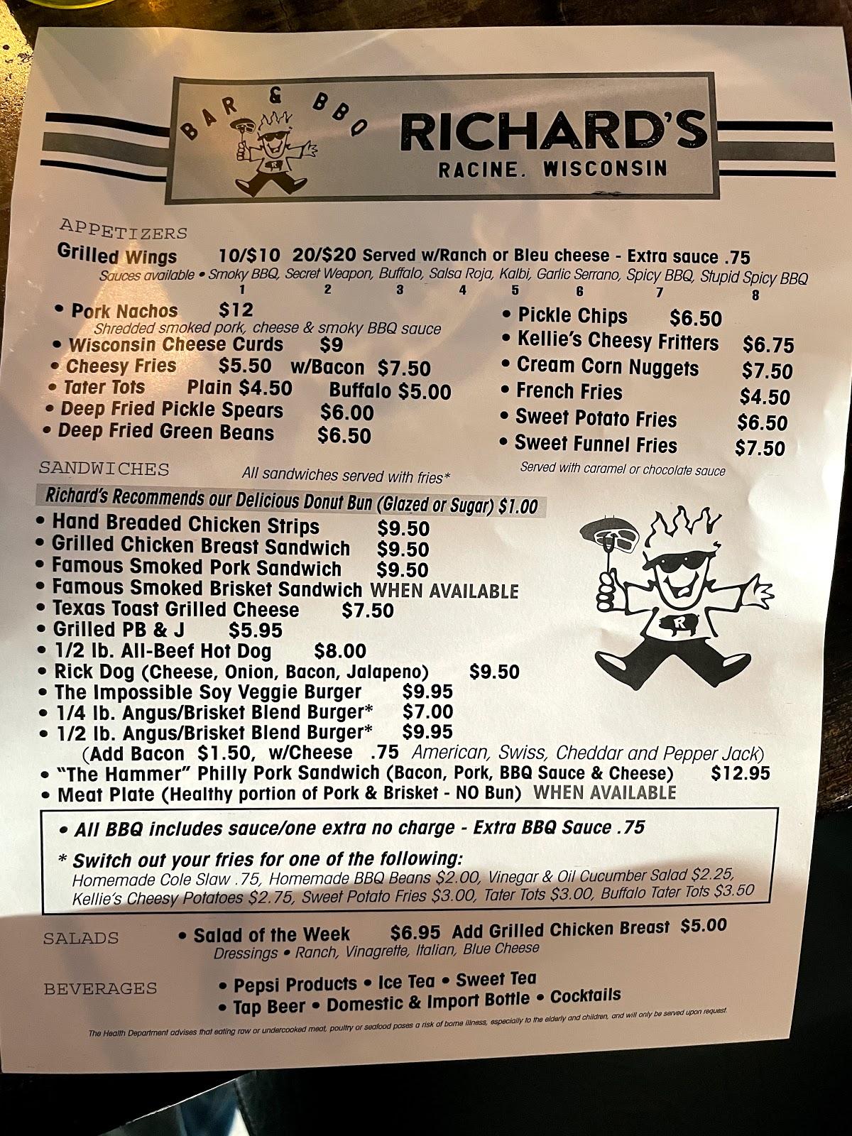 Menu at Richard’s Bar & BBQ, Racine