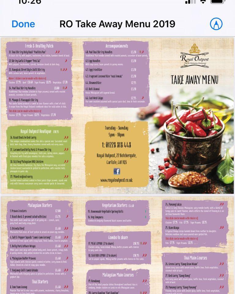 Menu at Royal Outpost Thai & Asian Restaurant Carlisle, Carlisle ...