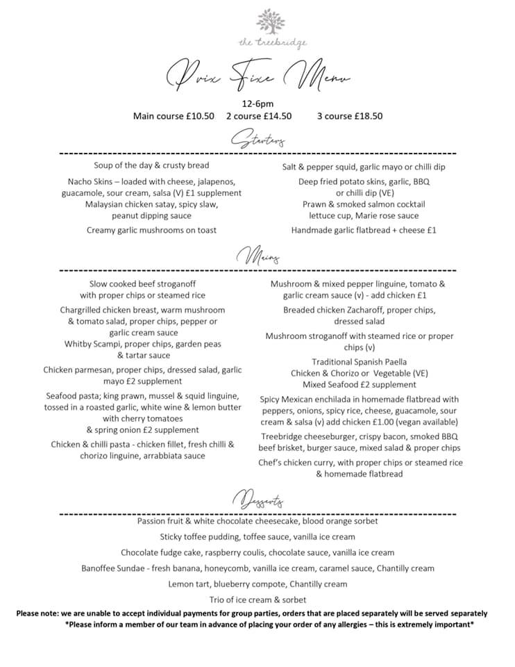 Menu at The Treebridge Hotel pub & bar, Middlesbrough