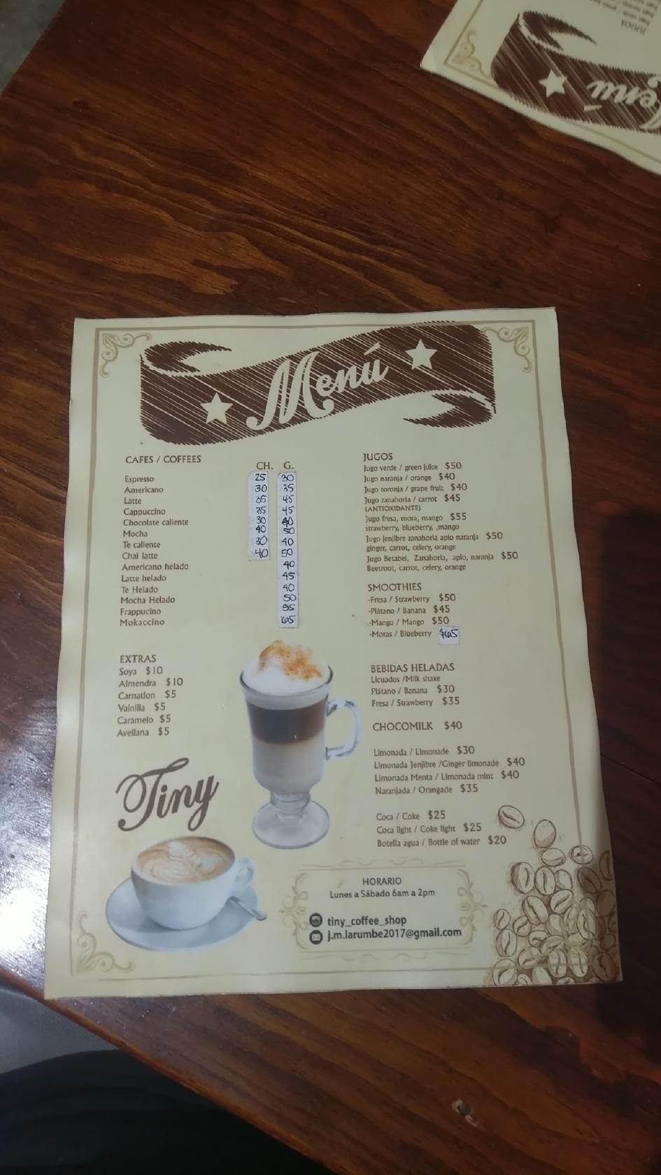 Menu at Tiny coffee shop "cafecito", Bucerías