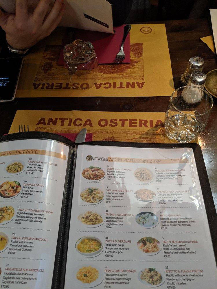 Menu at Antica Osteria Ai Tre Leoni restaurant, Venice