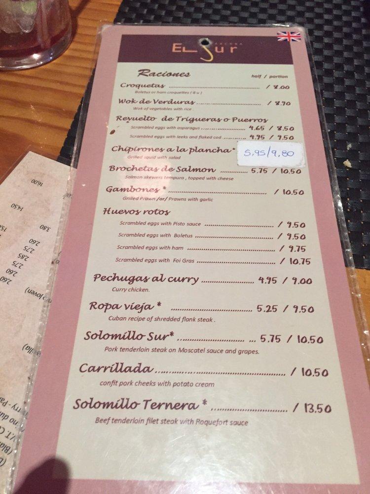 Carta del pub y bar Taberna El Sur, Madrid