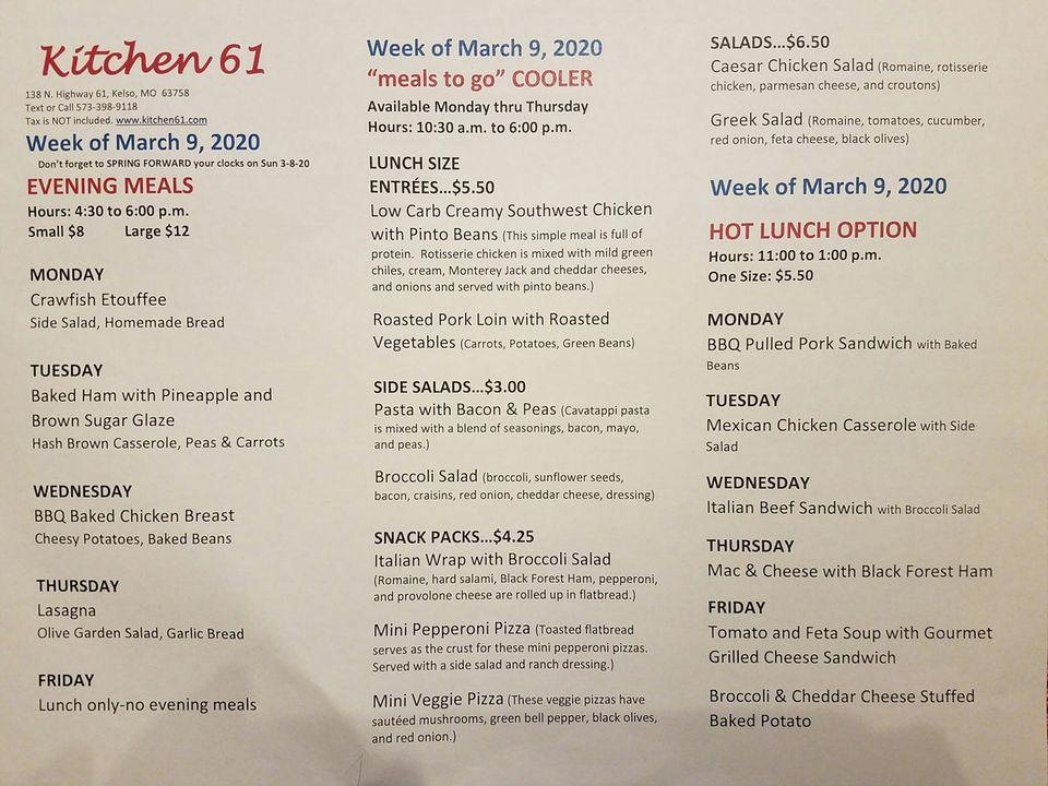 Menu at Kitchen 61 restaurant, Kelso, 138 US-61