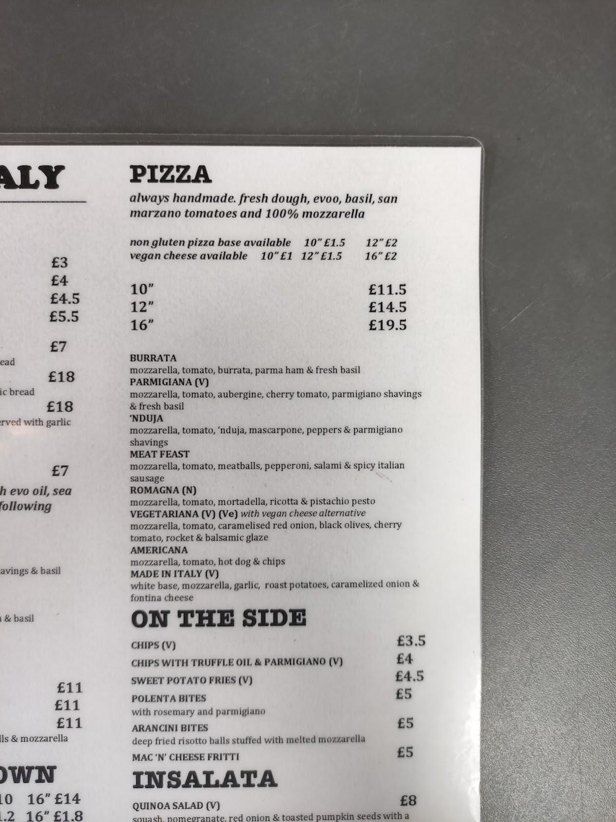 Menu at Made In Italy restaurant, Edinburgh