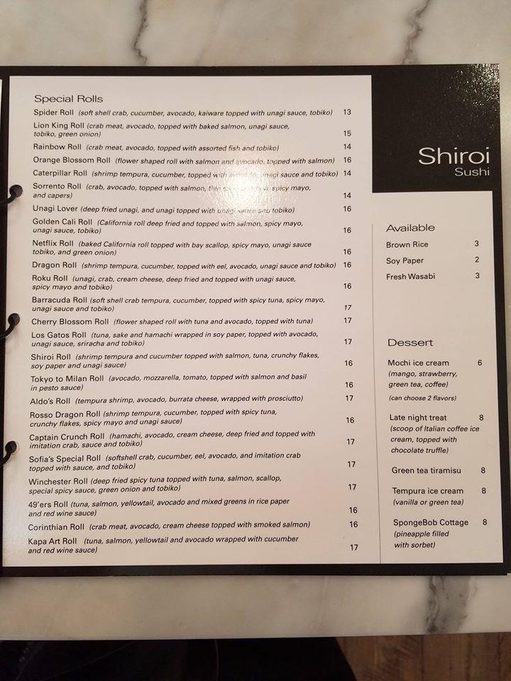 Menu at Shiroi Sushi restaurant, Los Gatos