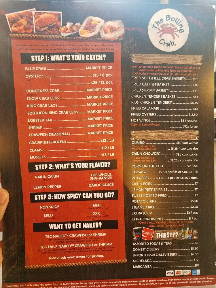 Menu at The Boiling Crab restaurant, Honolulu