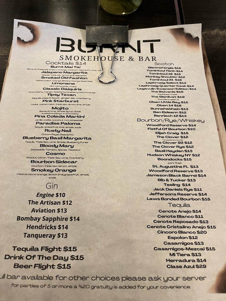 Carta de Burnt Smokehouse & Bar, Boca Raton