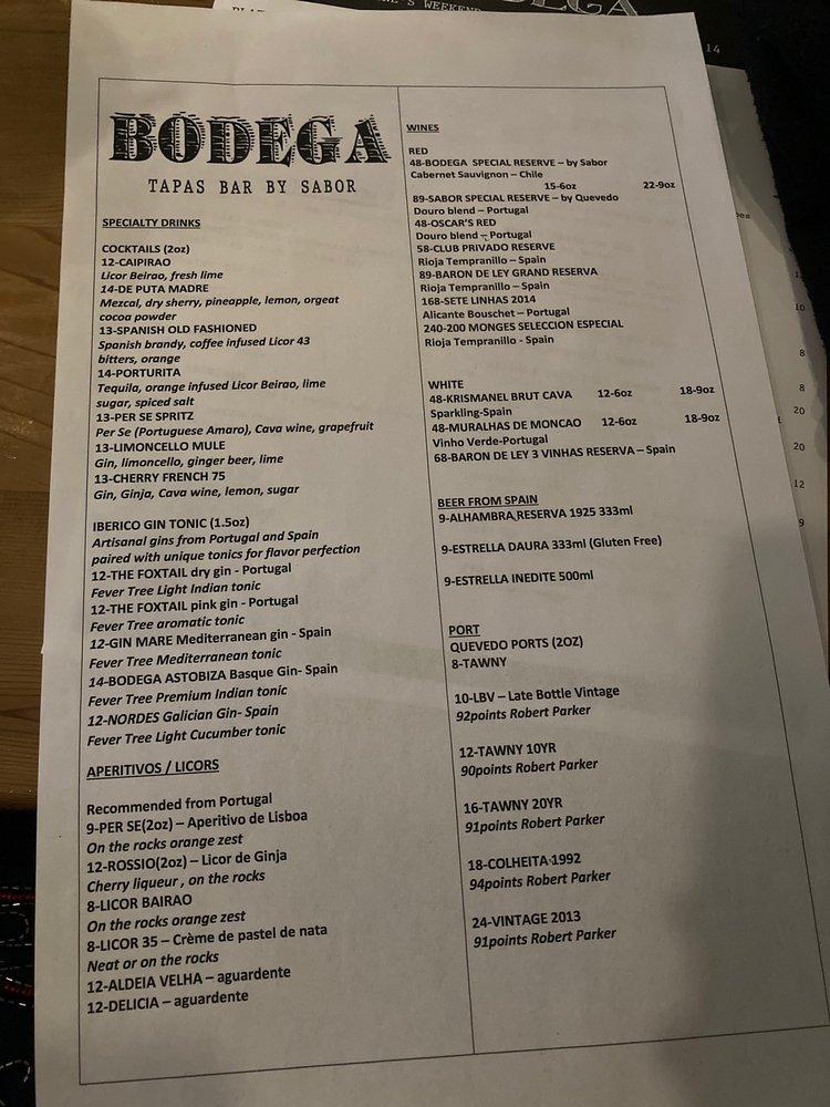 Menu at Bodega 124 Street restaurant, Edmonton, Stony Plain Rd