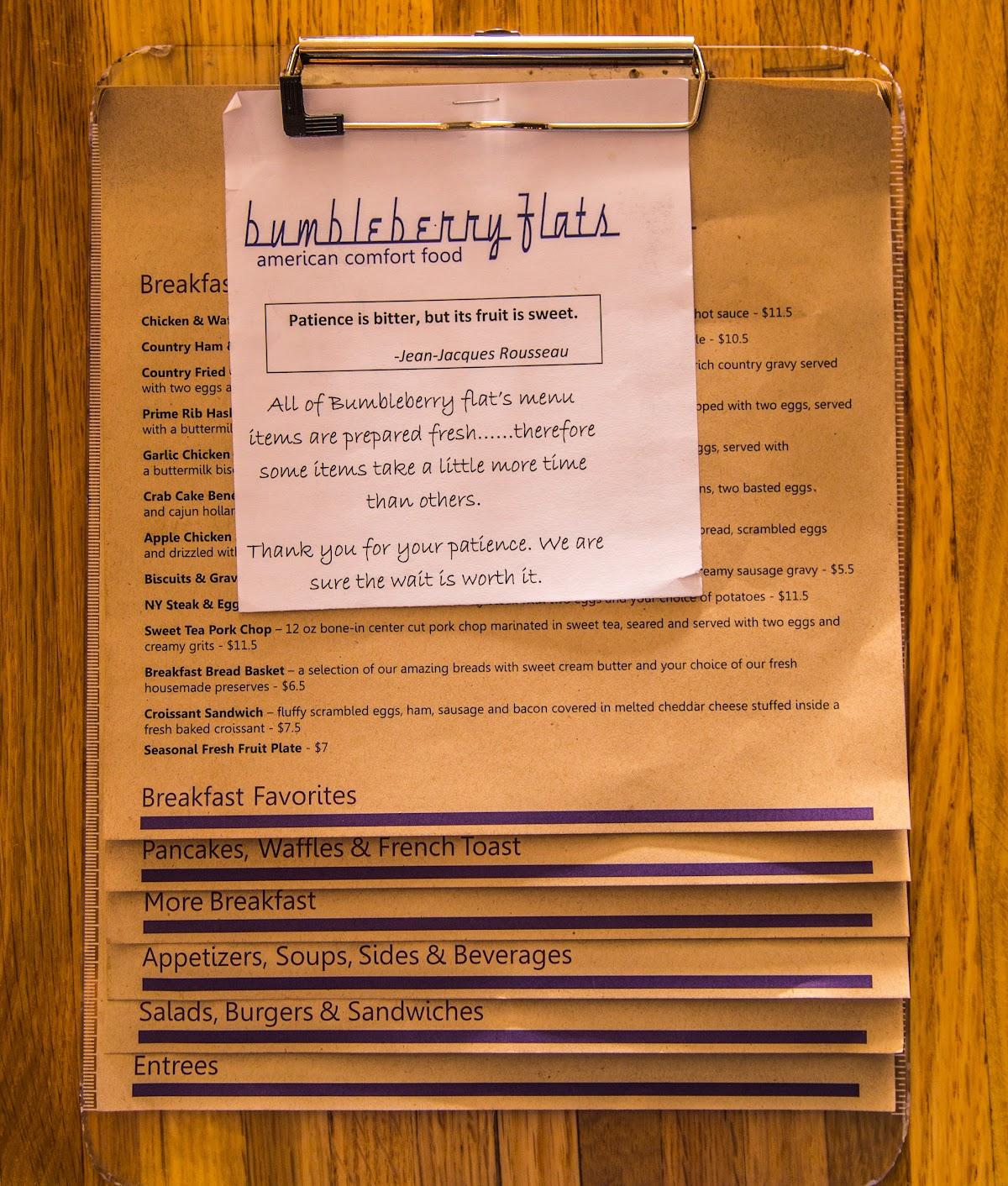Menu at Bumbleberry Flats restaurant, Laughlin