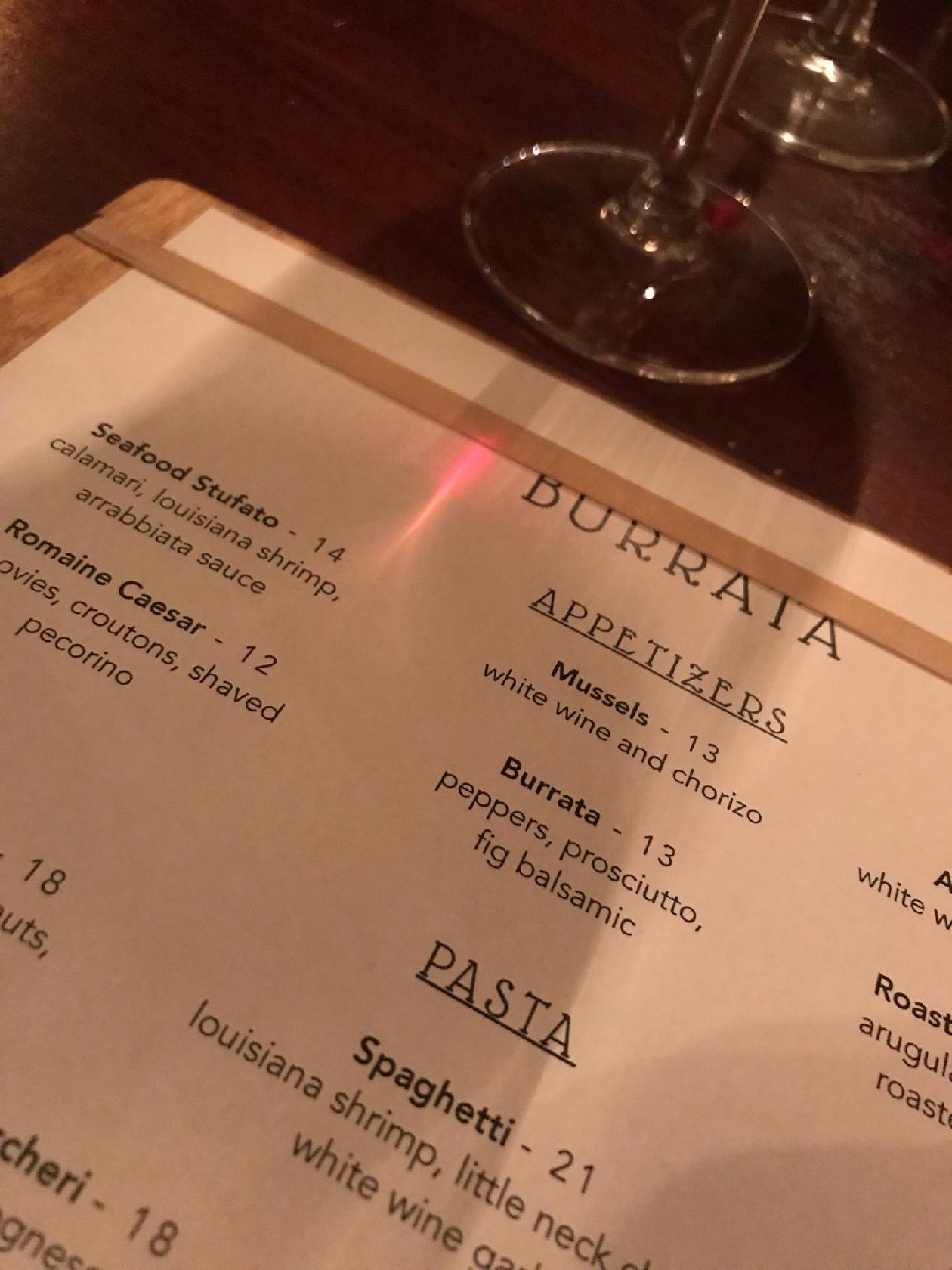 Menu at Burrata restaurant, Philadelphia