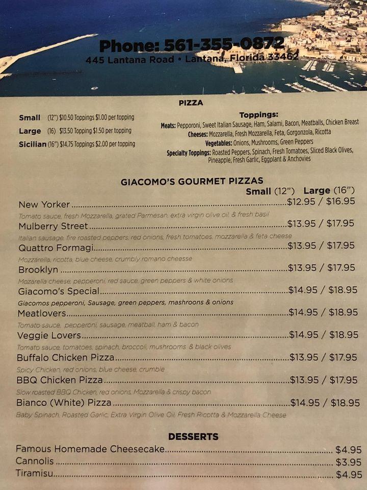 Menu at Giacomo's Pizza pizzeria, Lantana