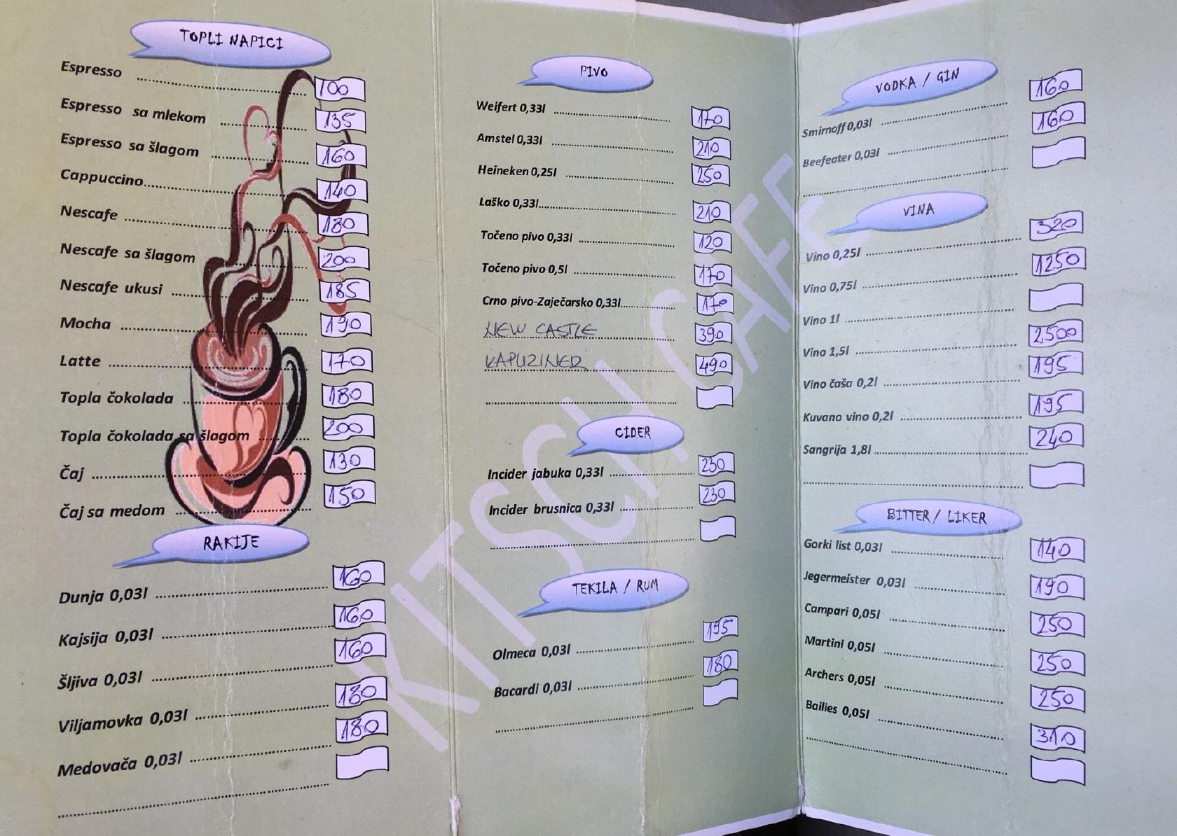 Menu at Kitsch Cafe, Belgrade