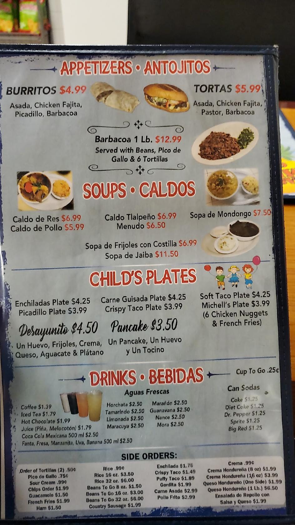 Menu at Las Minas Cafe, San Antonio, Blanco Rd
