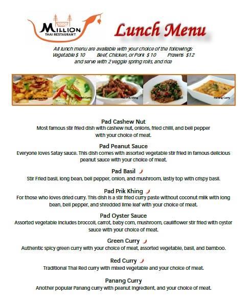 Menu at Million Thai Restaurant, Edmonton
