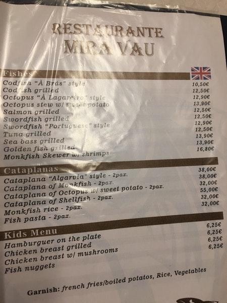Menu at Restaurante Mira Vau-Viana & Viana, Lda., Portimão