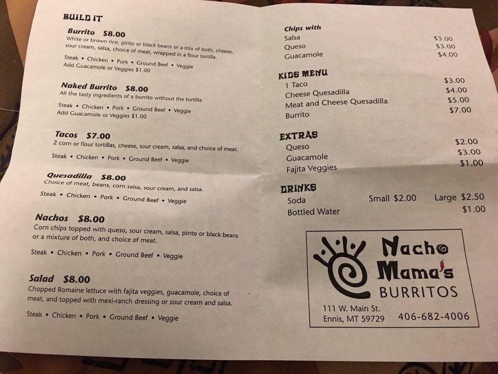 Menu at Nacho Mama's restaurant, Ennis