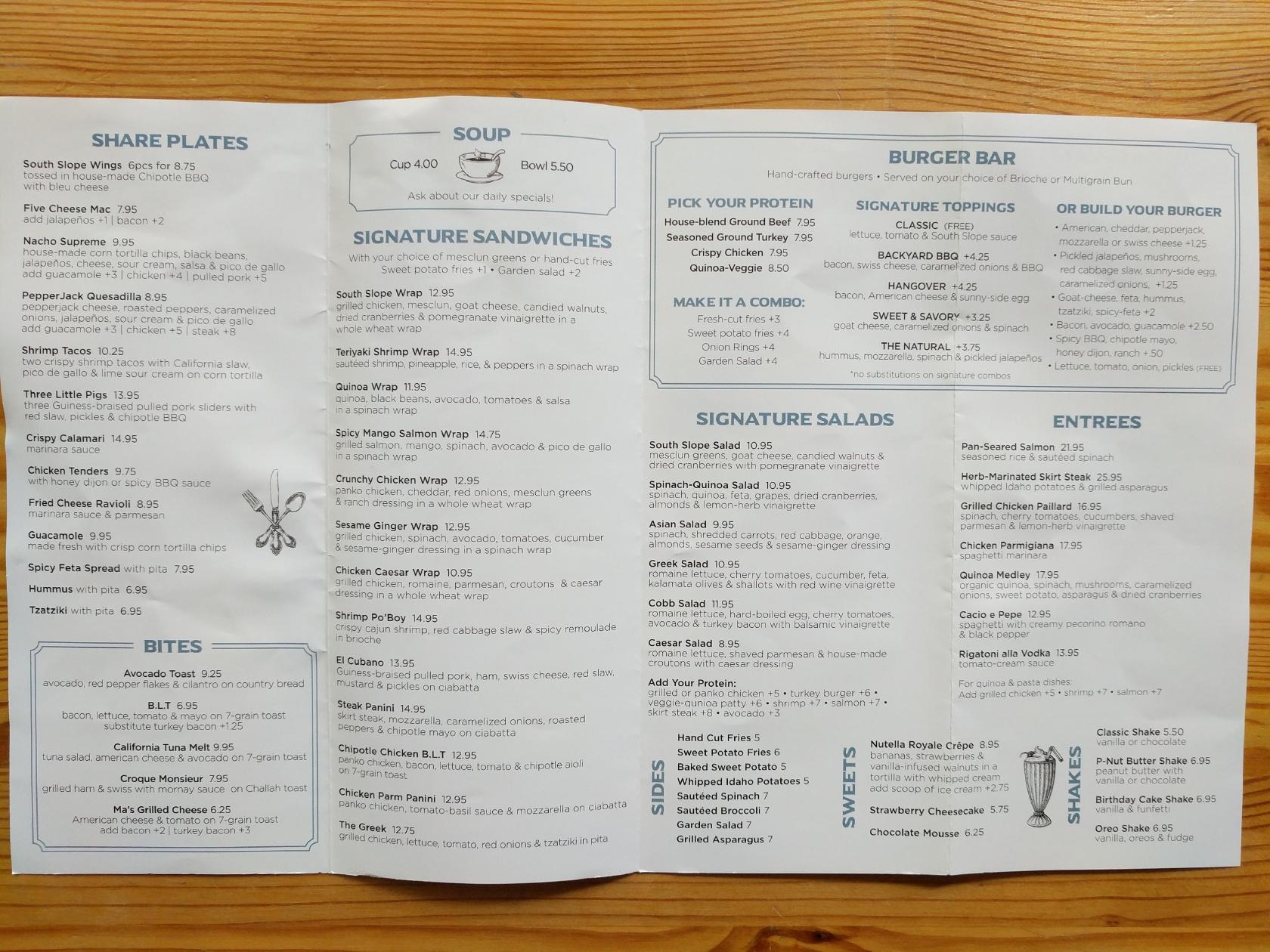Menu at South Slope Restaurant & Bar, New York City