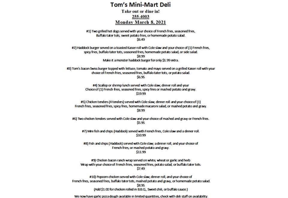 Menu at Tom's Mini Mart restaurant, Machias