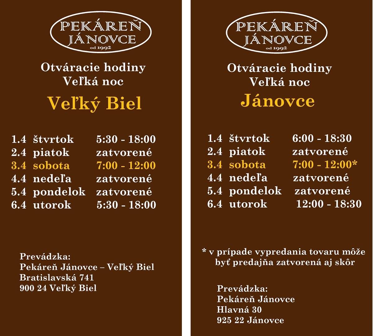 Menu at bakery Janovce, Jánovce