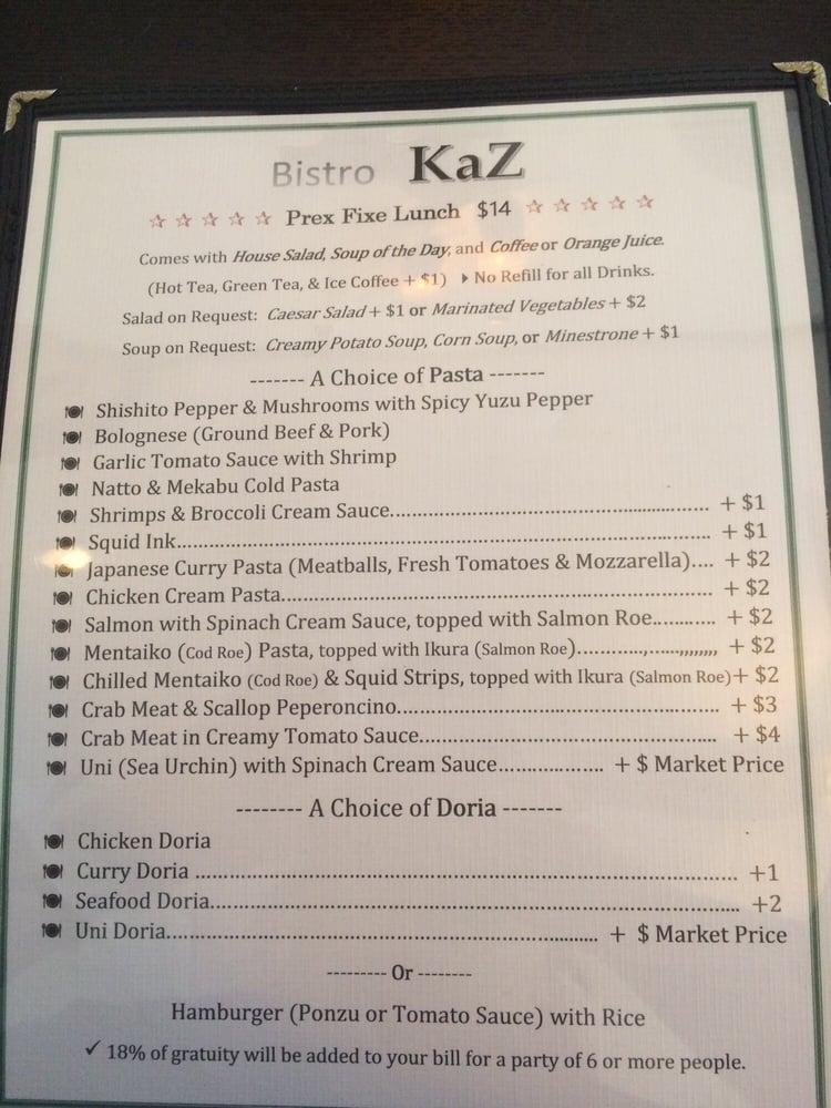 Menu at Bistro Kaz restaurant, San Diego